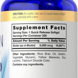 Carlyle Biotin 5000mcg Softgels | 200 Count | Vitamins for Hair Skin and Nails | Non-GMO, Gluten Free Supplement