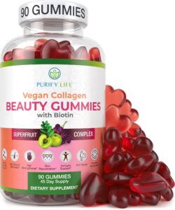 purify life vegan collagen gummies with biotin vitamins for hair skin and nails health, (90 chews) collagen support superfruit complex with resveratrol, vitamin a, e, c - replace capsules, pills