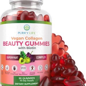 Purify Life Vegan Collagen Gummies with Biotin Vitamins for Hair Skin and Nails Health, (90 Chews) Collagen Support Superfruit Complex with Resveratrol, Vitamin A, E, C - Replace Capsules, Pills