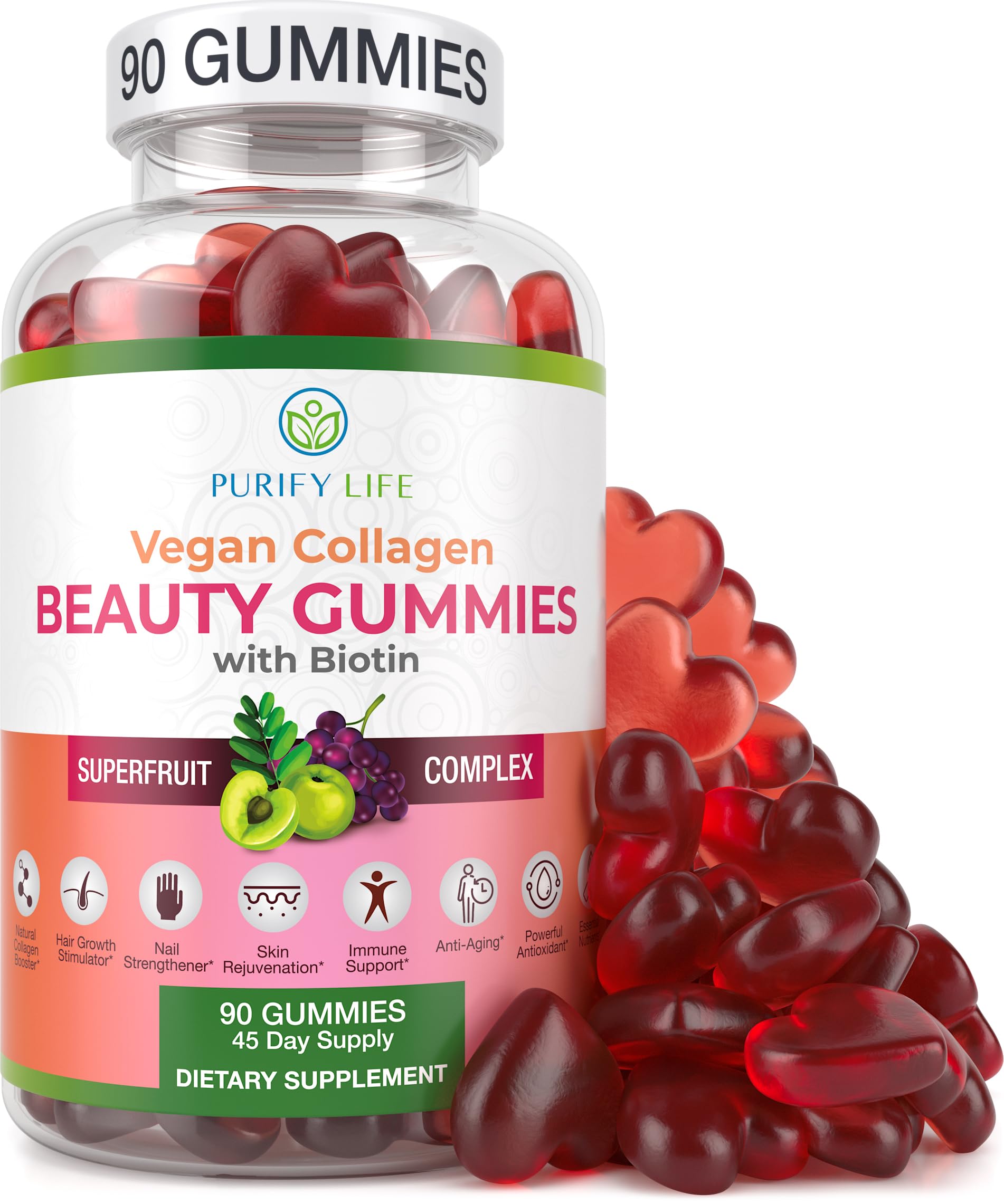 Purify Life Vegan Collagen Gummies with Biotin Vitamins for Hair Skin and Nails Health, (90 Chews) Collagen Support Superfruit Complex with Resveratrol, Vitamin A, E, C - Replace Capsules, Pills