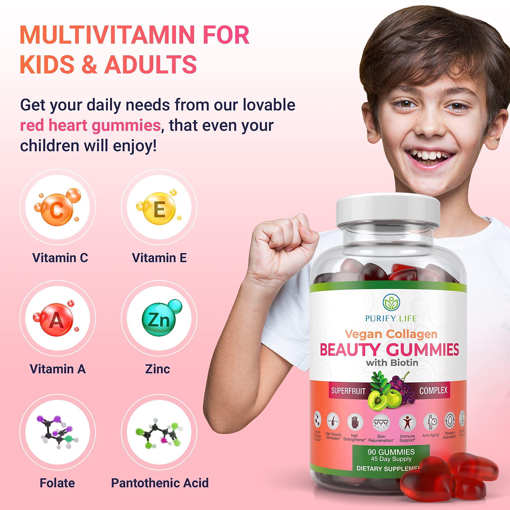 Purify Life Vegan Collagen Gummies with Biotin Vitamins for Hair Skin and Nails Health, (90 Chews) Collagen Support Superfruit Complex with Resveratrol, Vitamin A, E, C - Replace Capsules, Pills