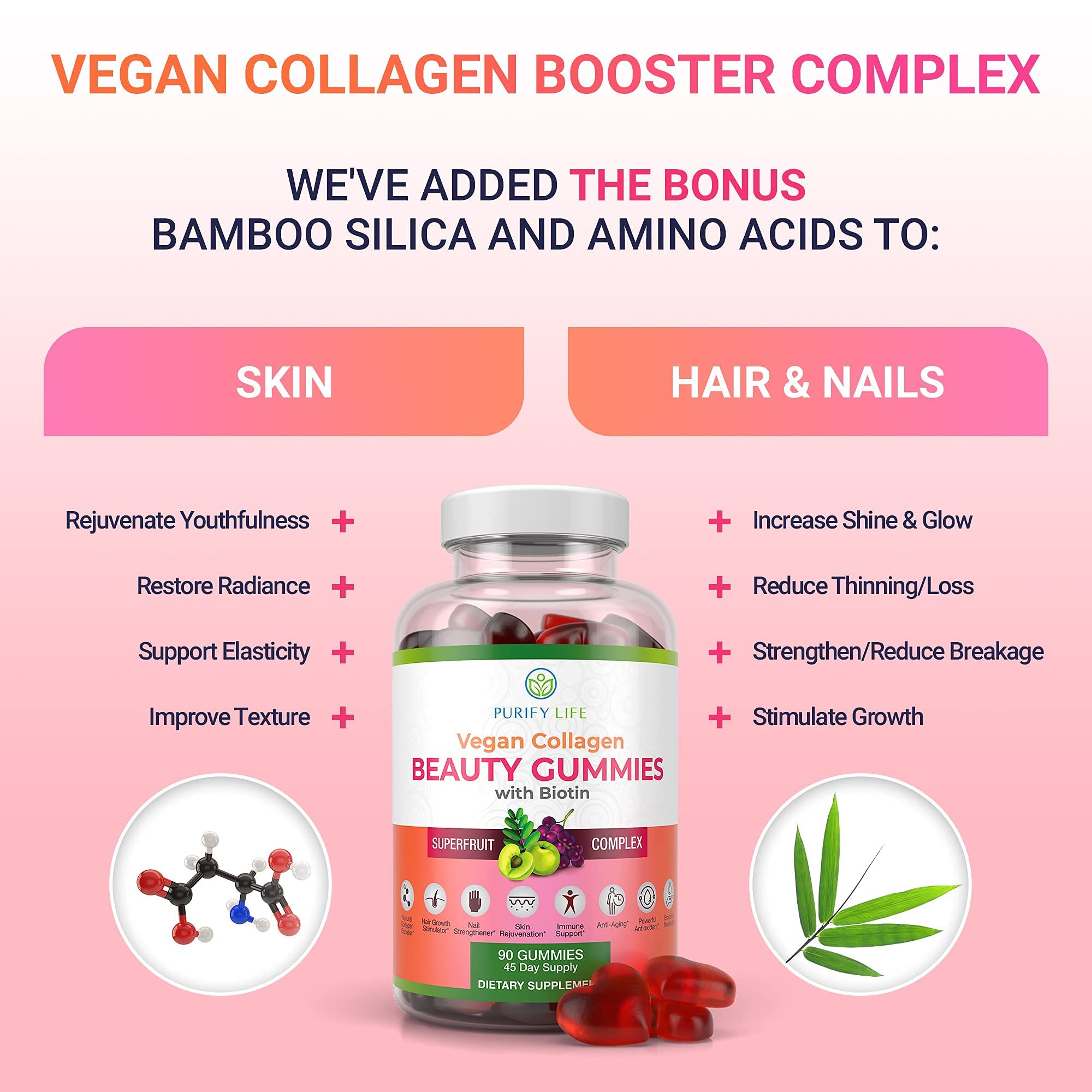 Purify Life Vegan Collagen Gummies with Biotin Vitamins for Hair Skin and Nails Health, (90 Chews) Collagen Support Superfruit Complex with Resveratrol, Vitamin A, E, C - Replace Capsules, Pills