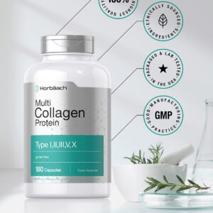 Horbäach Multi Collagen Protein 2000 mg | 180 Capsules | Type I, II, III, V, X | Keto & Paleo Friendly, Gluten Free Supplement