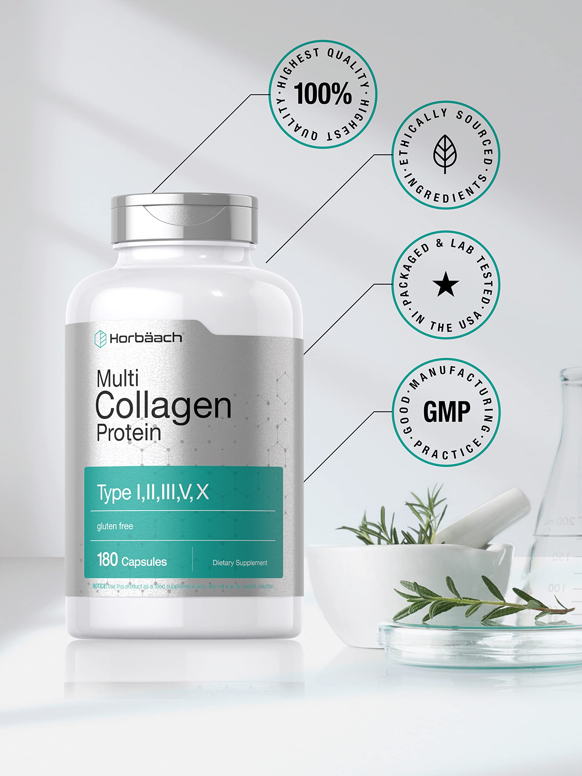 Horbäach Multi Collagen Protein 2000 mg | 180 Capsules | Type I, II, III, V, X | Keto & Paleo Friendly, Gluten Free Supplement