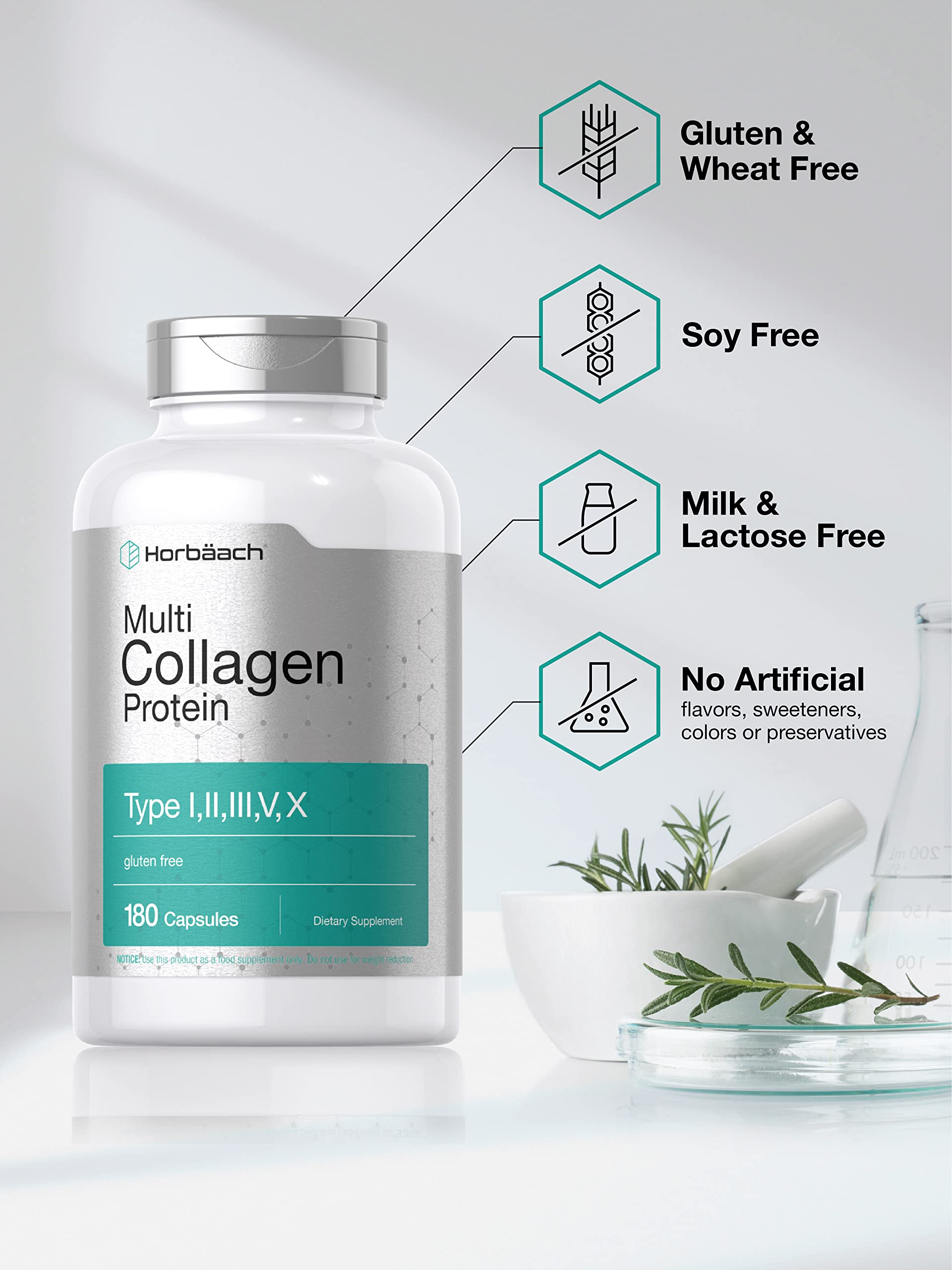 Horbäach Multi Collagen Protein 2000 mg | 180 Capsules | Type I, II, III, V, X | Keto & Paleo Friendly, Gluten Free Supplement