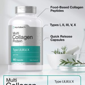 Horbäach Multi Collagen Protein 2000 mg | 180 Capsules | Type I, II, III, V, X | Keto & Paleo Friendly, Gluten Free Supplement