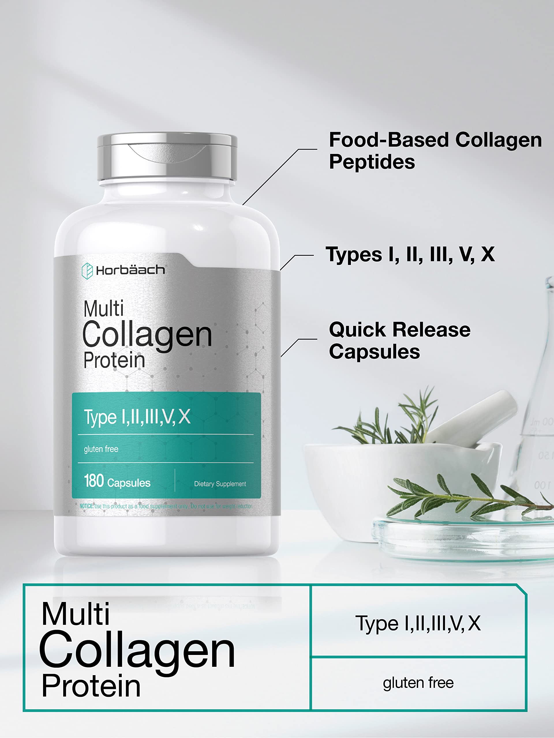 Horbäach Multi Collagen Protein 2000 mg | 180 Capsules | Type I, II, III, V, X | Keto & Paleo Friendly, Gluten Free Supplement