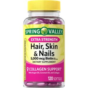 Anexa Spring Valley Extra Strength Biotin Hair, Skin & Nails Dietary Supplement, 5,000 mcg, 120 Count (Pack of 2), 240 Count (Pack of 1)