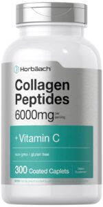 horbäach collagen peptides 6000mg | 300 caplet pills | with vitamin c | hydrolyzed collagen supplement | non-gmo, gluten free