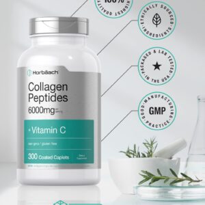 Horbäach Collagen Peptides 6000mg | 300 Caplet Pills | with Vitamin C | Hydrolyzed Collagen Supplement | Non-GMO, Gluten Free