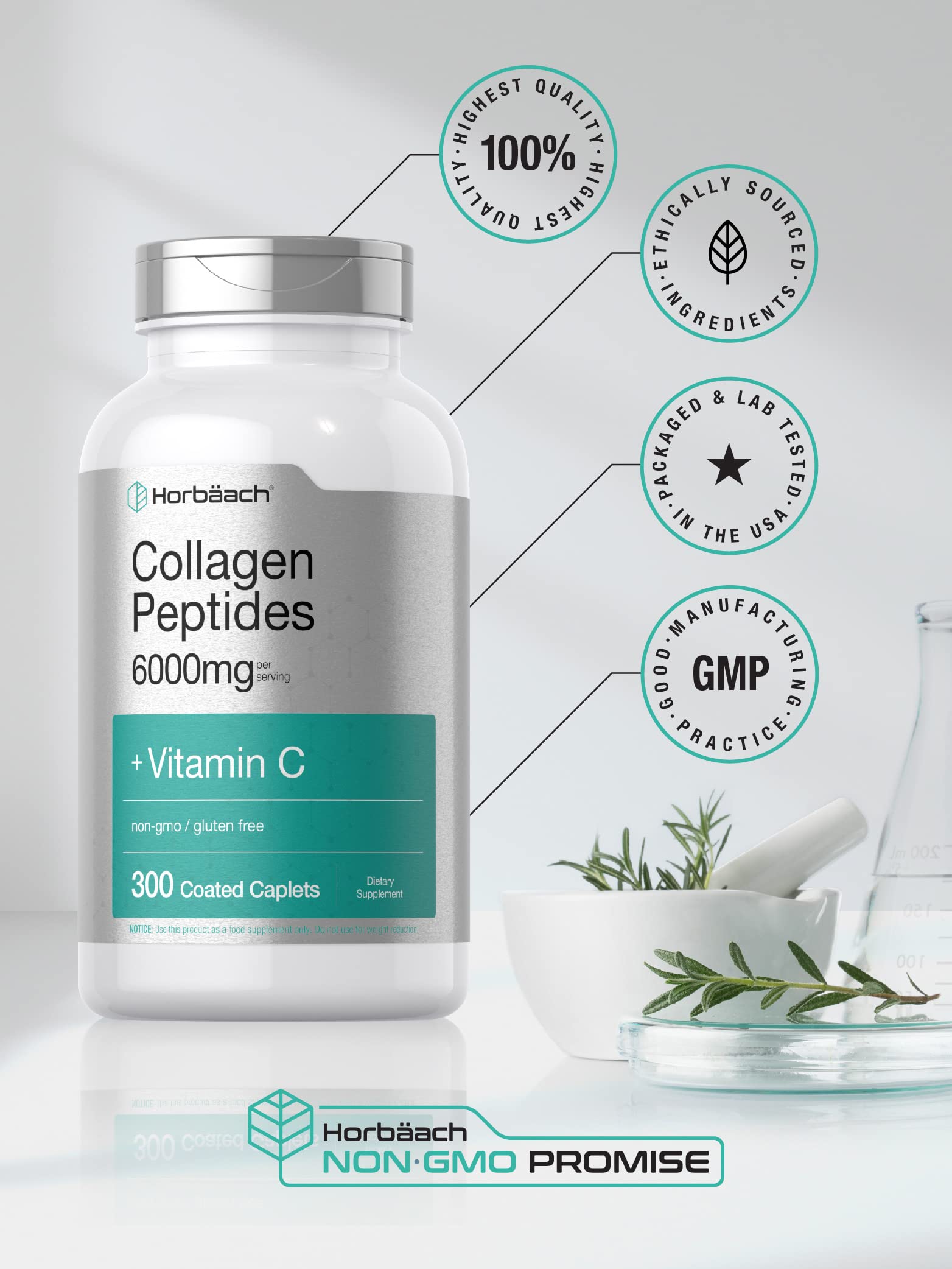 Horbäach Collagen Peptides 6000mg | 300 Caplet Pills | with Vitamin C | Hydrolyzed Collagen Supplement | Non-GMO, Gluten Free