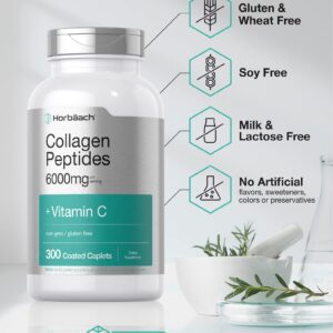 Horbäach Collagen Peptides 6000mg | 300 Caplet Pills | with Vitamin C | Hydrolyzed Collagen Supplement | Non-GMO, Gluten Free