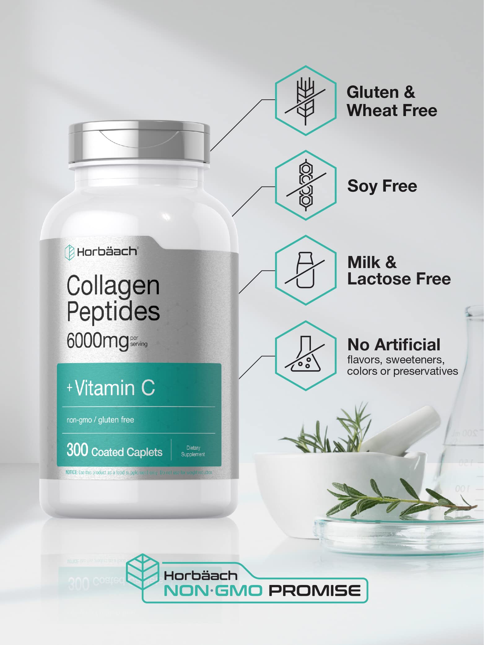 Horbäach Collagen Peptides 6000mg | 300 Caplet Pills | with Vitamin C | Hydrolyzed Collagen Supplement | Non-GMO, Gluten Free