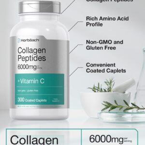 Horbäach Collagen Peptides 6000mg | 300 Caplet Pills | with Vitamin C | Hydrolyzed Collagen Supplement | Non-GMO, Gluten Free