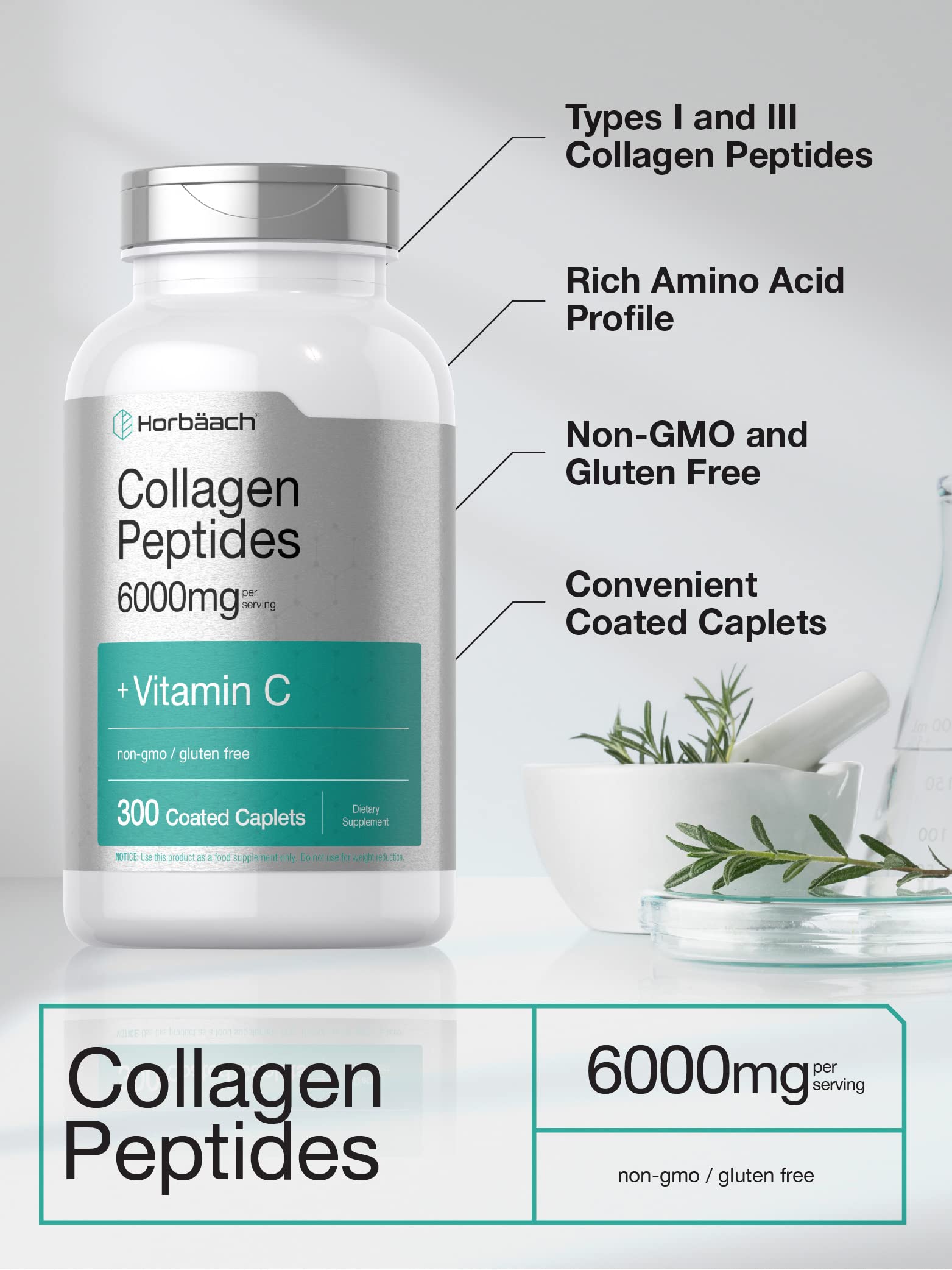 Horbäach Collagen Peptides 6000mg | 300 Caplet Pills | with Vitamin C | Hydrolyzed Collagen Supplement | Non-GMO, Gluten Free