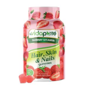 myvidapure hair skin nails. biotin, msm, vitamin d3, collagen, hydrolyzed keratin, vitamin a, riboflavin, natural strawberry flavor, color non gmo, gluten free (60 gummies)