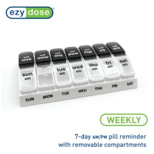 EZY DOSE Weekly (7-Day) AM/PM Pill Case, Medicine Planner, Vitamin Organizer, Large Pop-Out Compartments, 2 Times a Day, Black and Clear Lids