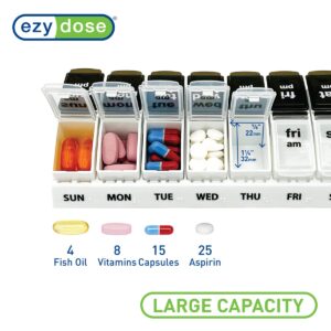 EZY DOSE Weekly (7-Day) AM/PM Pill Case, Medicine Planner, Vitamin Organizer, Large Pop-Out Compartments, 2 Times a Day, Black and Clear Lids