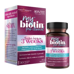 purity products mybiotin proclinical – thicker hair in 3 weeks & fights wrinkles - mb40x patented biotin matrix w/astaxanthin 40x more soluble vs ordinary hair, skin nails 30 veg caps