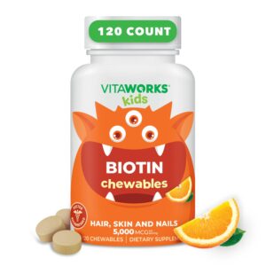 vitaworks kids biotin 5000mcg chewable tablets - tasty natural orange flavor - vegan, gmo-free, gluten free, nut free - dietary supplement - hair skin and nails vitamins for children - 120 chewables