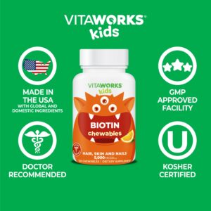 VitaWorks Kids Biotin 5000mcg Chewable Tablets - Tasty Natural Orange Flavor - Vegan, GMO-Free, Gluten Free, Nut Free - Dietary Supplement - Hair Skin and Nails Vitamins for Children - 120 Chewables