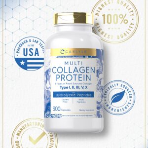 Carlyle Multi Collagen Protein Capsules 2000mg | 300 Count | Type I, II, III, V, X | Collagen Peptide Pills | Keto & Paleo Friendly, Gluten Free Supplement