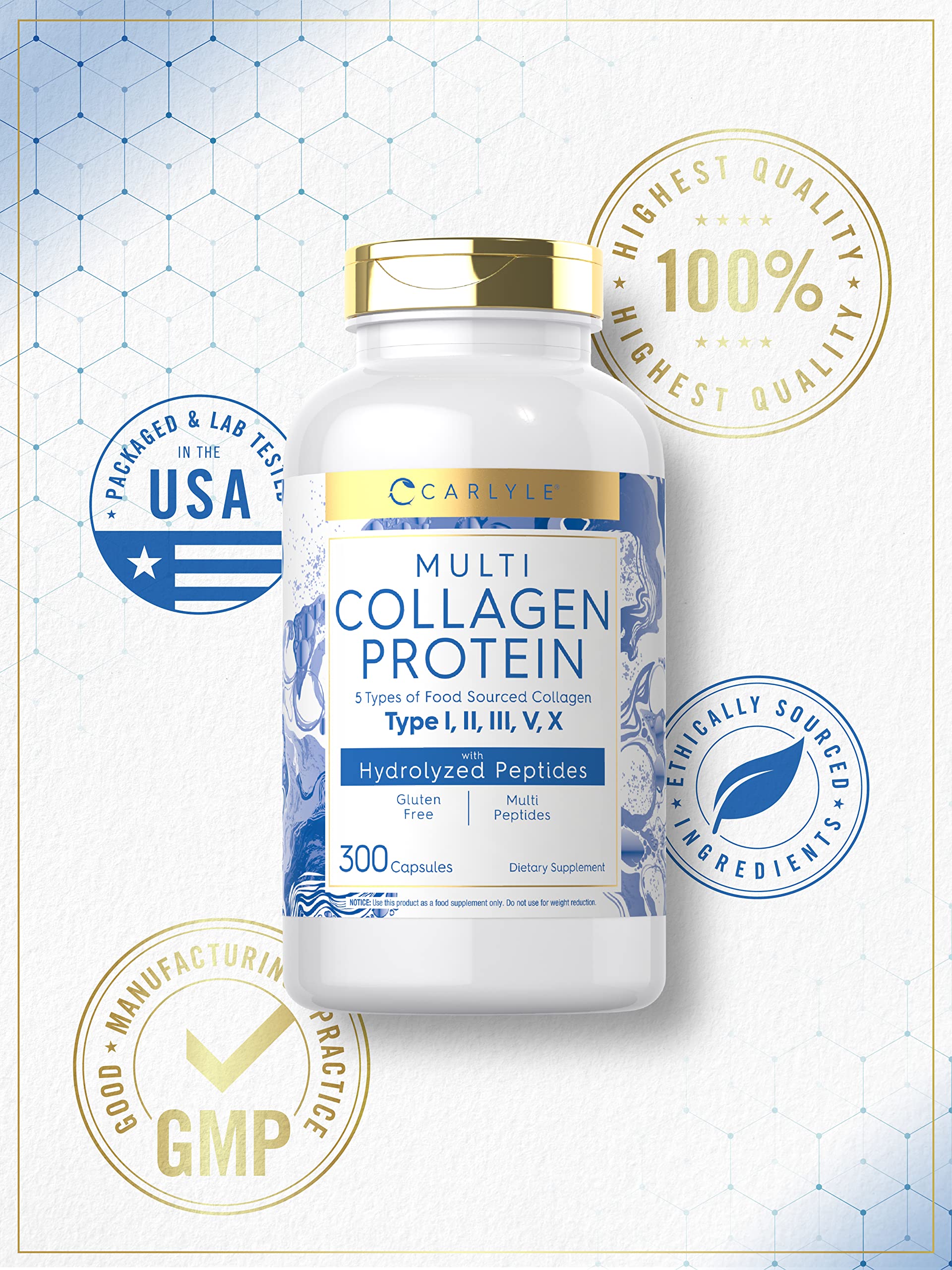 Carlyle Multi Collagen Protein Capsules 2000mg | 300 Count | Type I, II, III, V, X | Collagen Peptide Pills | Keto & Paleo Friendly, Gluten Free Supplement