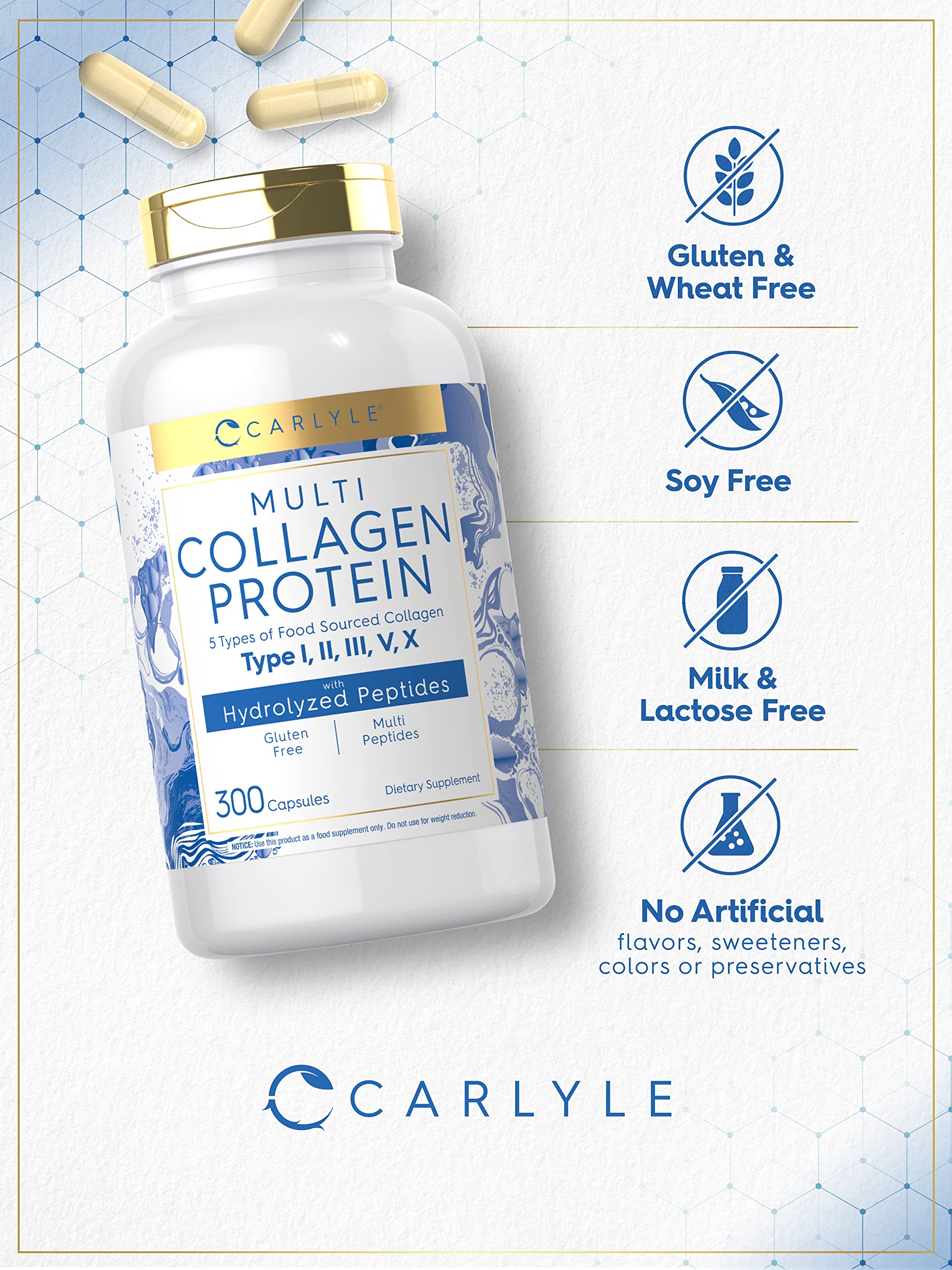 Carlyle Multi Collagen Protein Capsules 2000mg | 300 Count | Type I, II, III, V, X | Collagen Peptide Pills | Keto & Paleo Friendly, Gluten Free Supplement