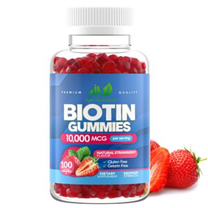 biotin 10,000mcg gummies for women & men (100 count) - 2x extra strength biotin for hair growth, skin & nails - gluten-free, vegan, non-gmo, great tasting strawberry flavor - 100 gummies