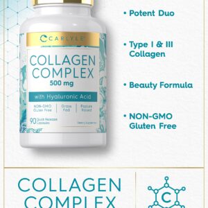 Carlyle Collagen Pills with Hyaluronic Acid 500mg | 90 Capsules | Hydrolyzed Collagen Supplement | Non-GMO, Gluten Free