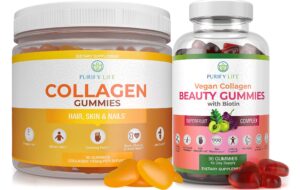 purify life marine collagen & vegan collagen bundle, gummies vitamins for hair skin and nails health (90 chews), pore reducer & elasticity, replace capsules, pills