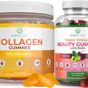 Purify Life Marine Collagen & Vegan Collagen Bundle, Gummies Vitamins for Hair Skin and Nails Health (90 Chews), Pore Reducer & Elasticity, Replace Capsules, Pills