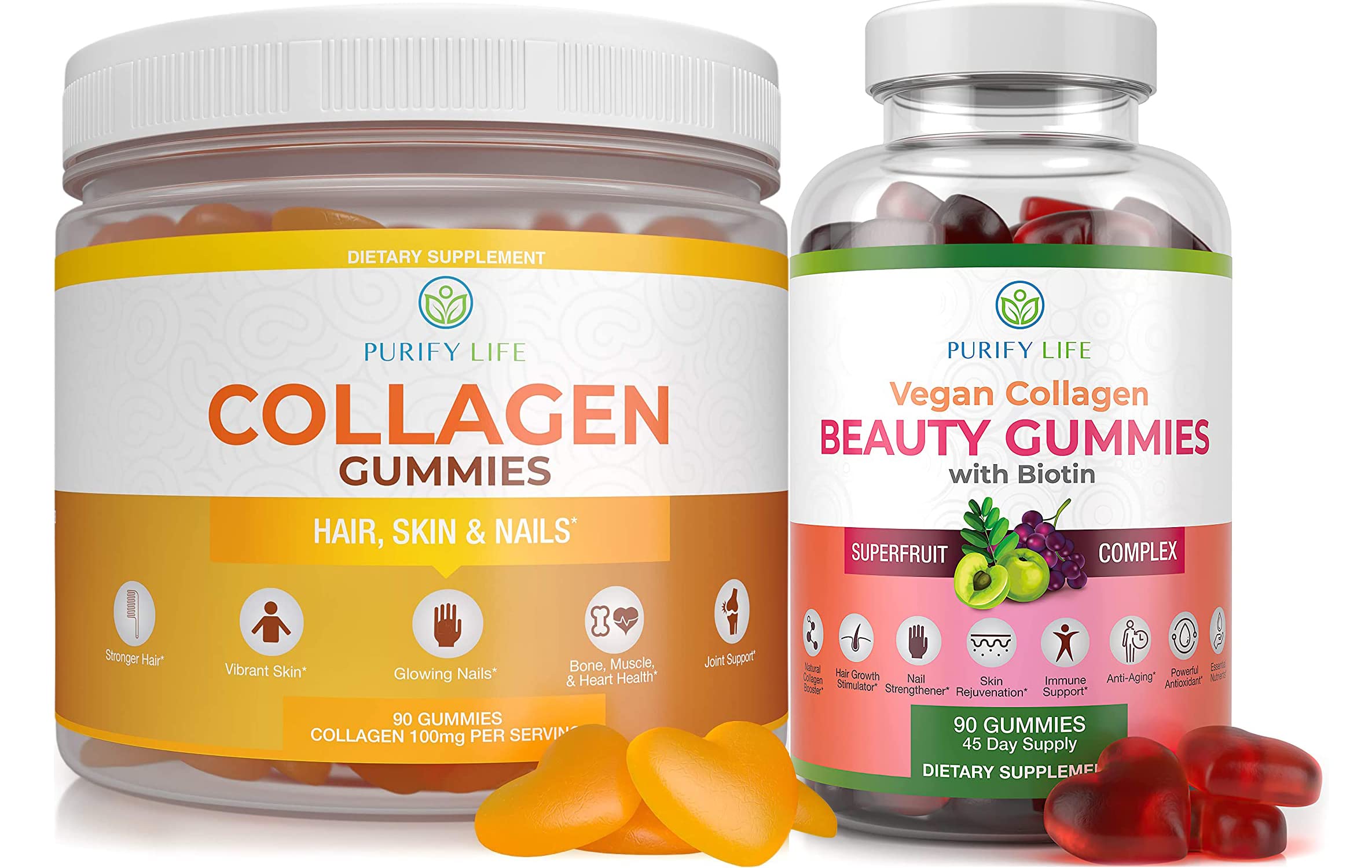 Purify Life Marine Collagen & Vegan Collagen Bundle, Gummies Vitamins for Hair Skin and Nails Health (90 Chews), Pore Reducer & Elasticity, Replace Capsules, Pills