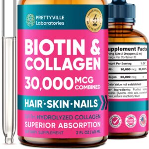 liquid collagen & biotin for women - 30000mcg hair growth complex - made in usa - hydrolyzed collagen & biotin oil for hair growth, healthy skin & nails - vegan collagen & biotin source - 2 fl oz