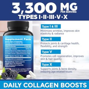 Multi Collagen Pills (Types I, II, III, V & X) - Marine Collagen & Bone Broth Capsules - Made in USA - Grass Fed Collagen Peptides - Anti-Aging Collagen Supplements - Hydrolyzed Collagen Capsules