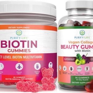 Biotin & Vegan Collagen Bundle, Gummies for Hair Growth, Healthier Skin & Nails (Bulk 90 Gummies), Collagen Booster Superfruit Complex with Resveratrol, Vitamin A, E, C - Replace Capsules, Pills