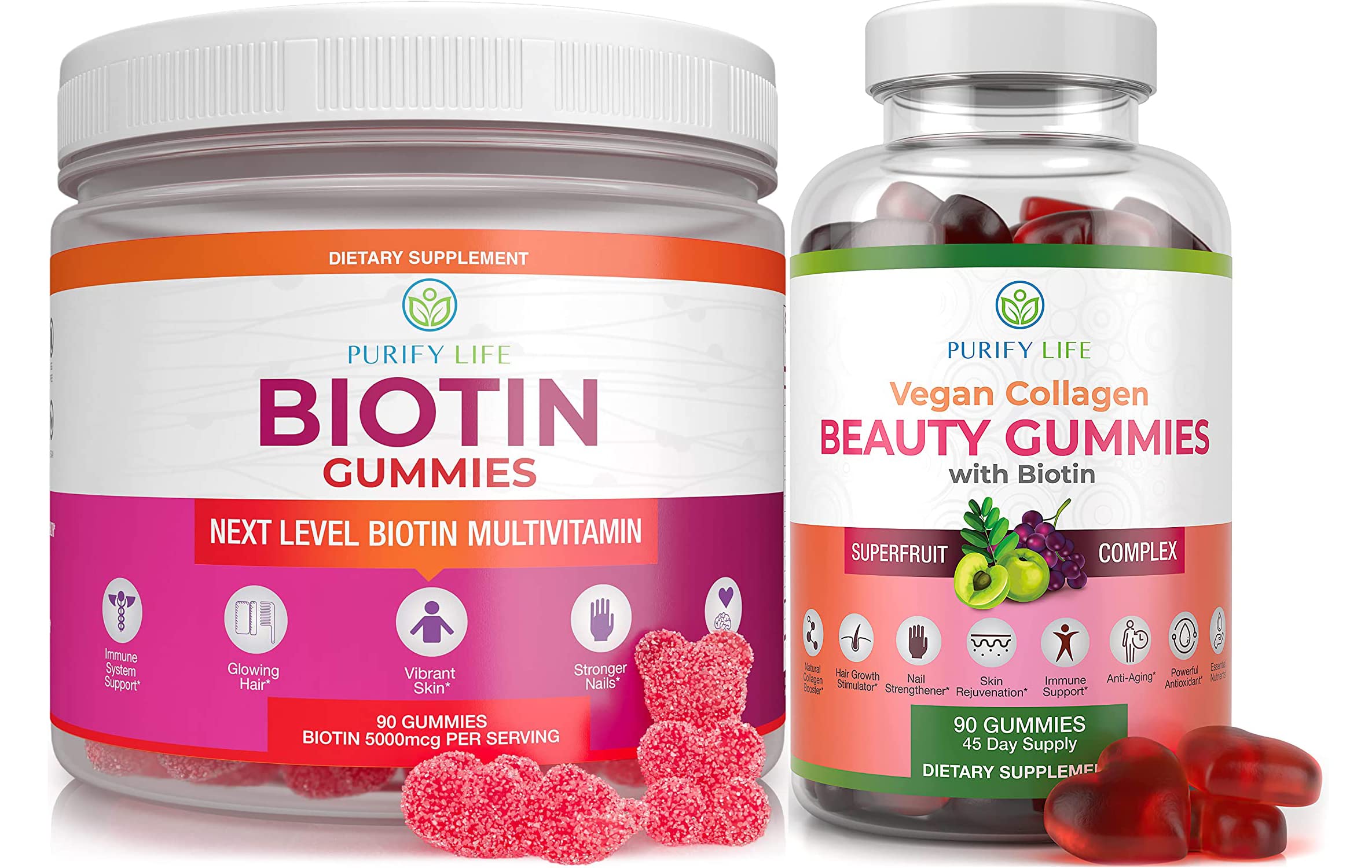 Biotin & Vegan Collagen Bundle, Gummies for Hair Growth, Healthier Skin & Nails (Bulk 90 Gummies), Collagen Booster Superfruit Complex with Resveratrol, Vitamin A, E, C - Replace Capsules, Pills