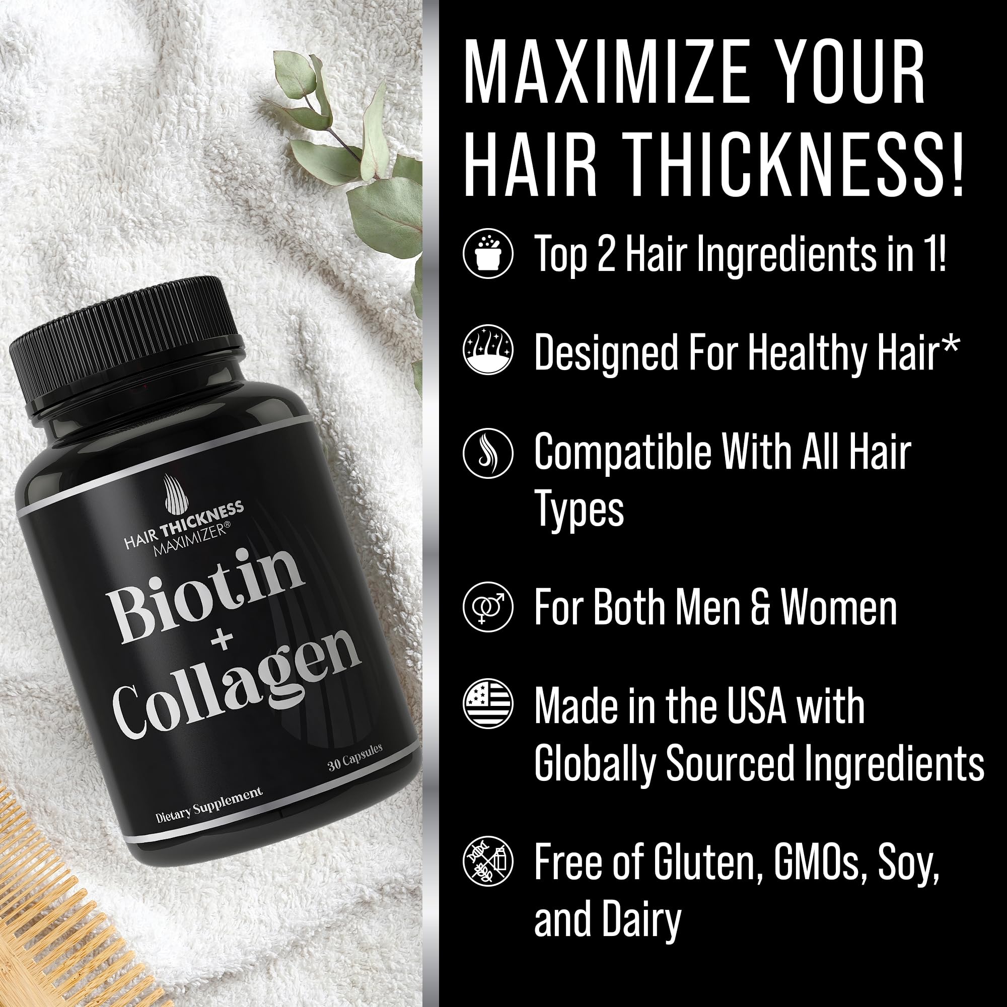 Biotin and Collagen Supplements - 10000mcg Biotin + Bovine Collagen Advanced 2-in-1 Hair Growth + Thickening Vitamins Complex. Capsules Supplement for Women, Men with Thinning Hair and Hair Loss