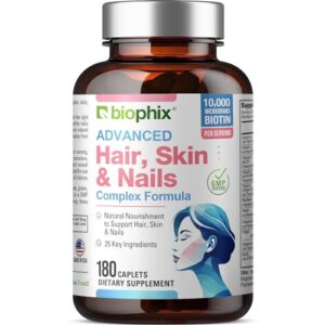 biophix hair skin and nails complex 180 caplets with 10,000 mcg biotin - multivitamin supports strong nails beautiful hair healthy aging