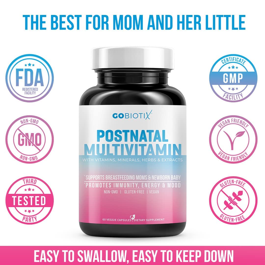 Postnatal Vitamins for Breastfeeding Moms - Lactation Supplement with Organic Herbs, Minerals, Nutrients for New Mothers and Baby - Postpartum Pills for Energy and Mood, Non GMO, Vegan, 60 Capsules