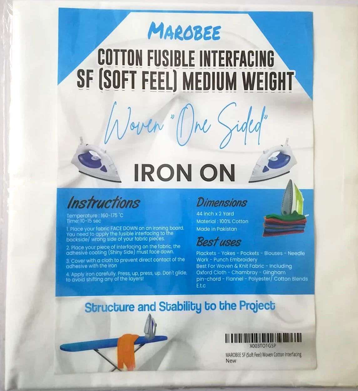 MAROBEE Woven Cotton Iron On Fusible Interfacing for Sewing Projects - 44 Inch x 2 Yards - Soft Feel (SF) Medium Weight Interfacing for Plackets Yokes Blouses & Embroidery