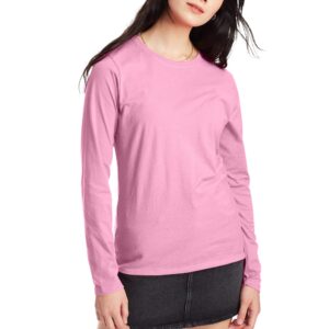 hanes women's originals long sleeve cotton t-shirt, lightweight crewneck tee, modern fit, pink swish, small