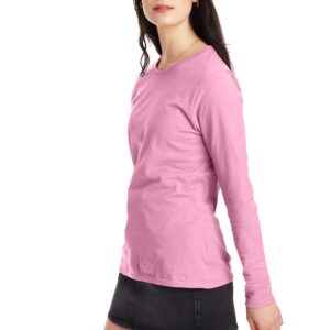 Hanes Women's Originals Long Sleeve Cotton T-Shirt, Lightweight Crewneck Tee, Modern Fit, Pink Swish, Small