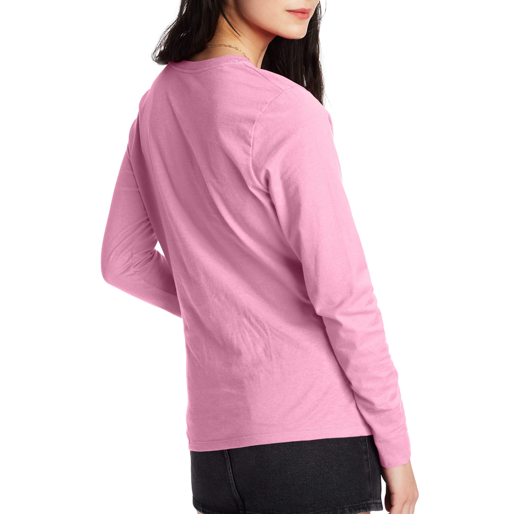 Hanes Women's Originals Long Sleeve Cotton T-Shirt, Lightweight Crewneck Tee, Modern Fit, Pink Swish, Small