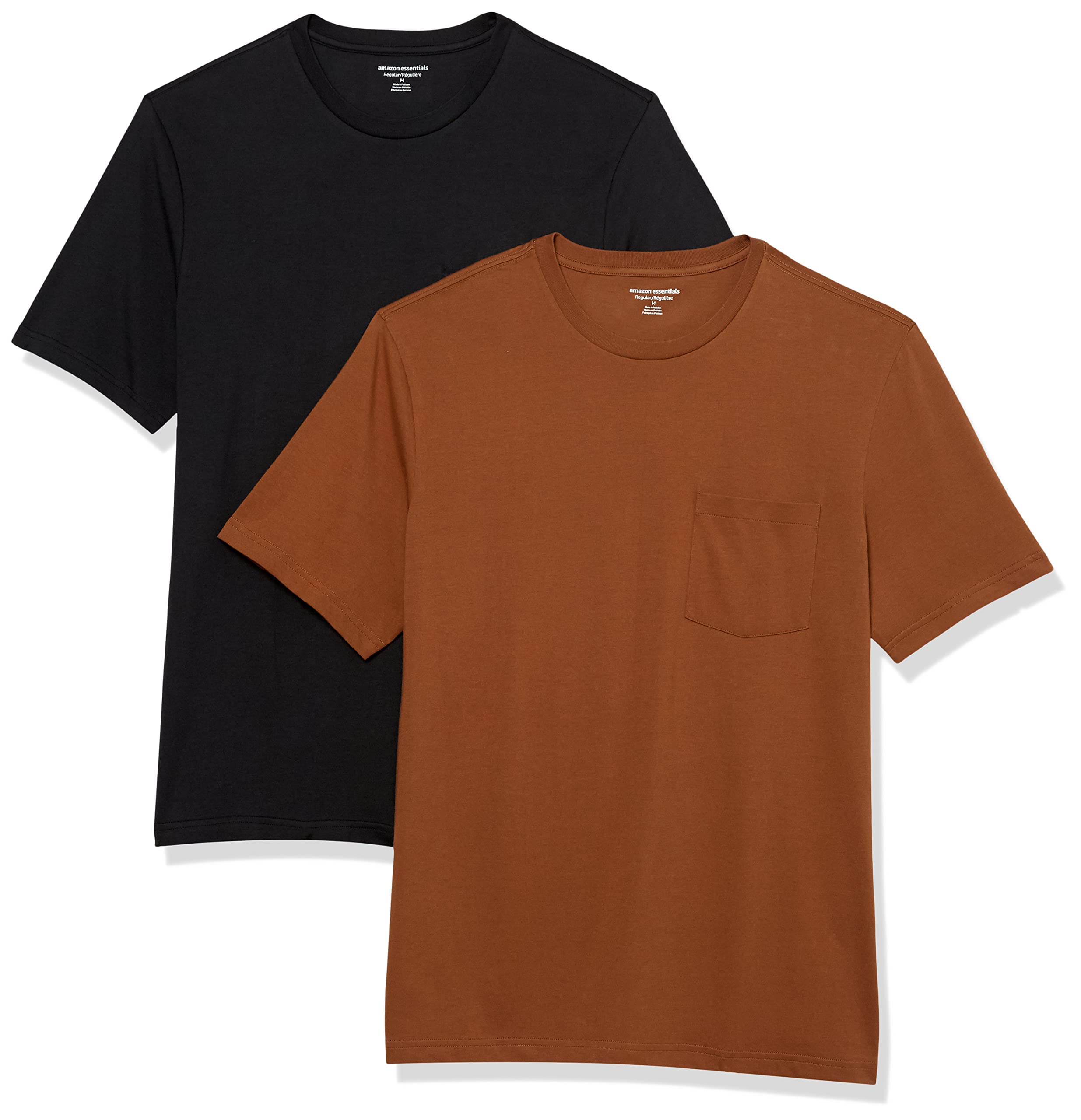 Amazon Essentials Men's Regular-Fit Short-Sleeve Crewneck Pocket T-Shirt, Pack of 2, Black/Brown, Medium