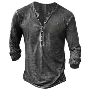 Mens Distressed Henley Shirts Vintage Long Sleeve Tee Shirts Casual Button Down Washed T-Shirts for Men Grey