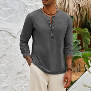 Mens Distressed Henley Shirts Vintage Long Sleeve Tee Shirts Casual Button Down Washed T-Shirts for Men Grey