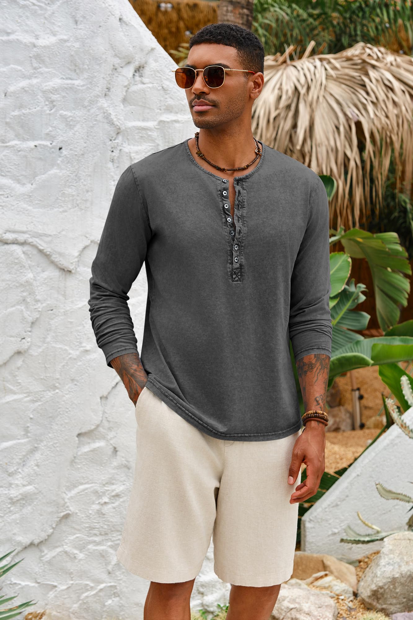 Mens Distressed Henley Shirts Vintage Long Sleeve Tee Shirts Casual Button Down Washed T-Shirts for Men Grey