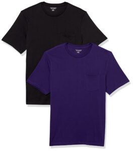 amazon essentials men's regular-fit short-sleeve crewneck pocket t-shirt, pack of 2, black/dark purple, medium