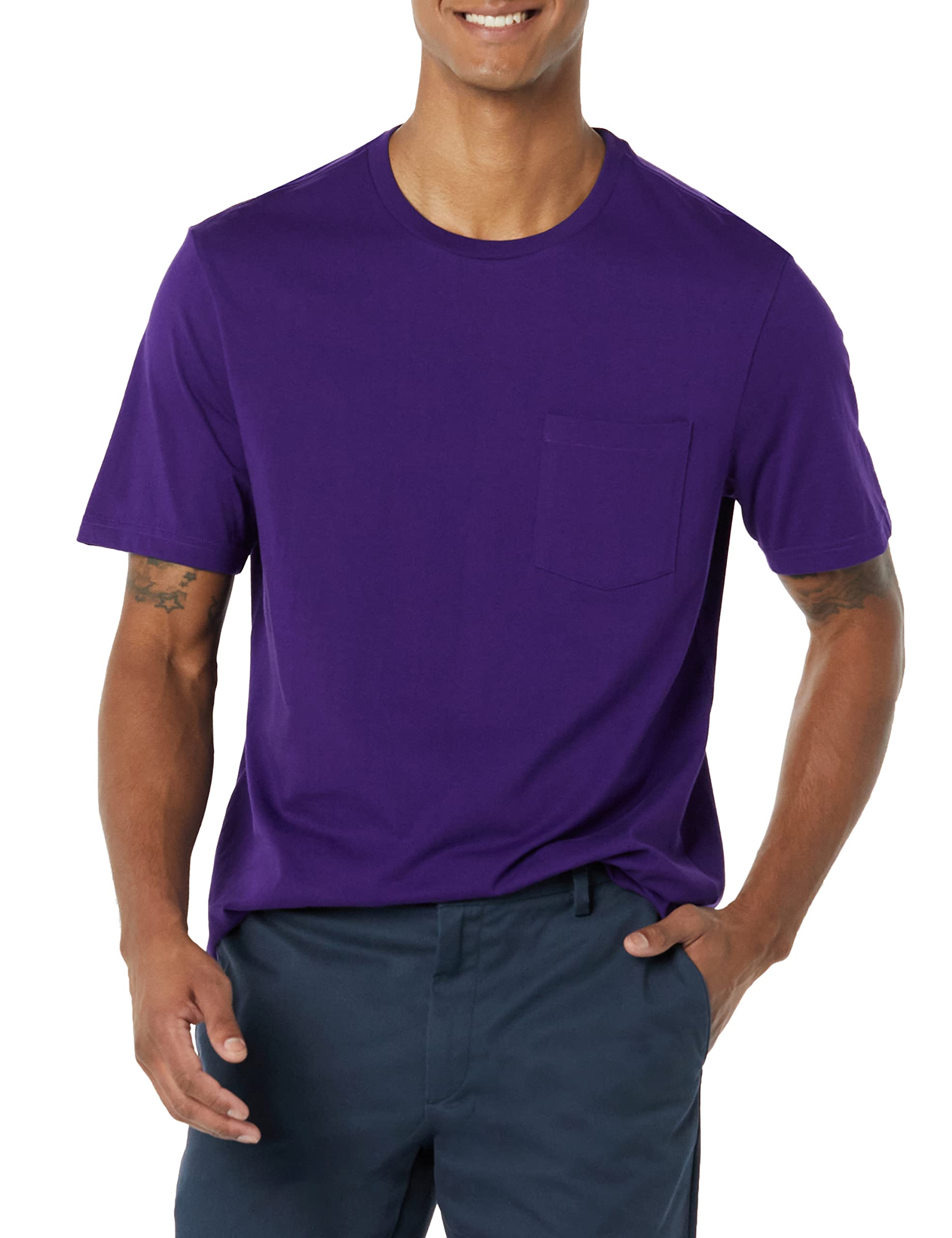 Amazon Essentials Men's Regular-Fit Short-Sleeve Crewneck Pocket T-Shirt, Pack of 2, Black/Dark Purple, Medium